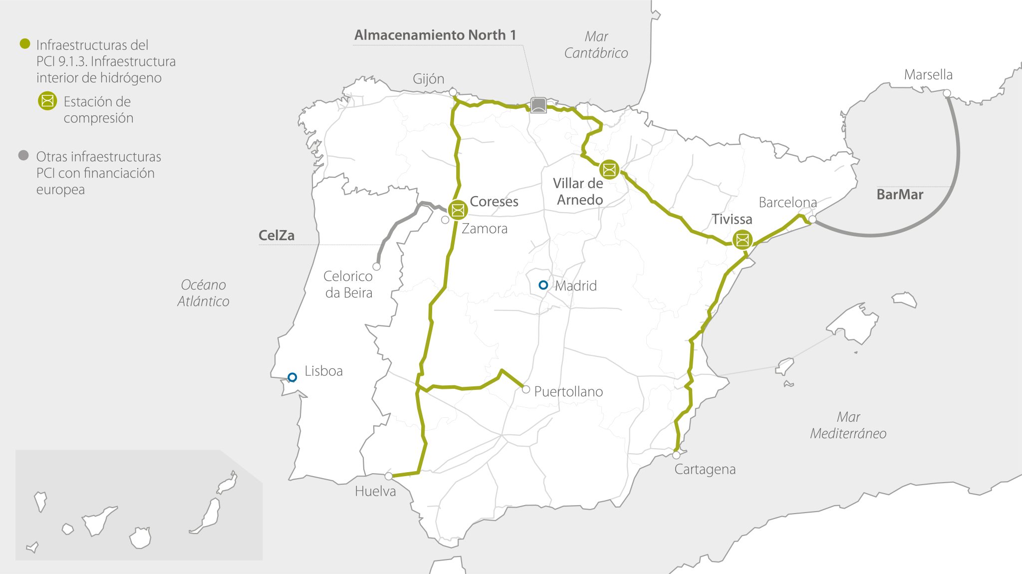 Red troncal - Infraestructuras de hidrógeno de España